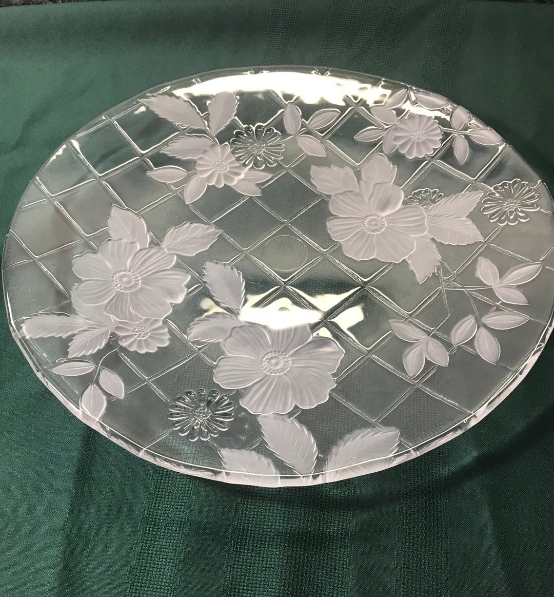 Etched Frosted Flowers on Grid Pattern Clear Glass Platter - Etsy
