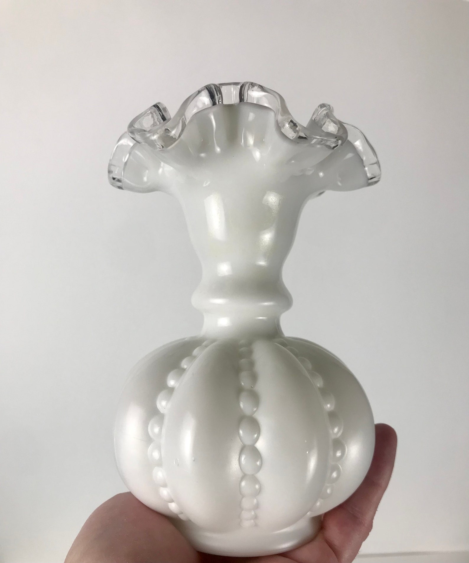 Silver Crest Milk Glass Vase Fluted Ruffle Wave Rim 6.25” T Collector ...