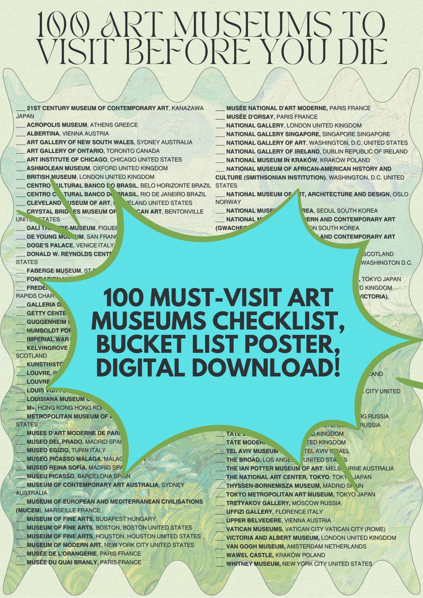 100 Must-visit Art Museums Checklist | Bucket List Poster | Digital ...