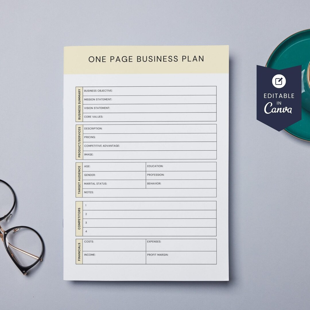 Business Plan One Page, 1 Page Small Business Template Start Up ...
