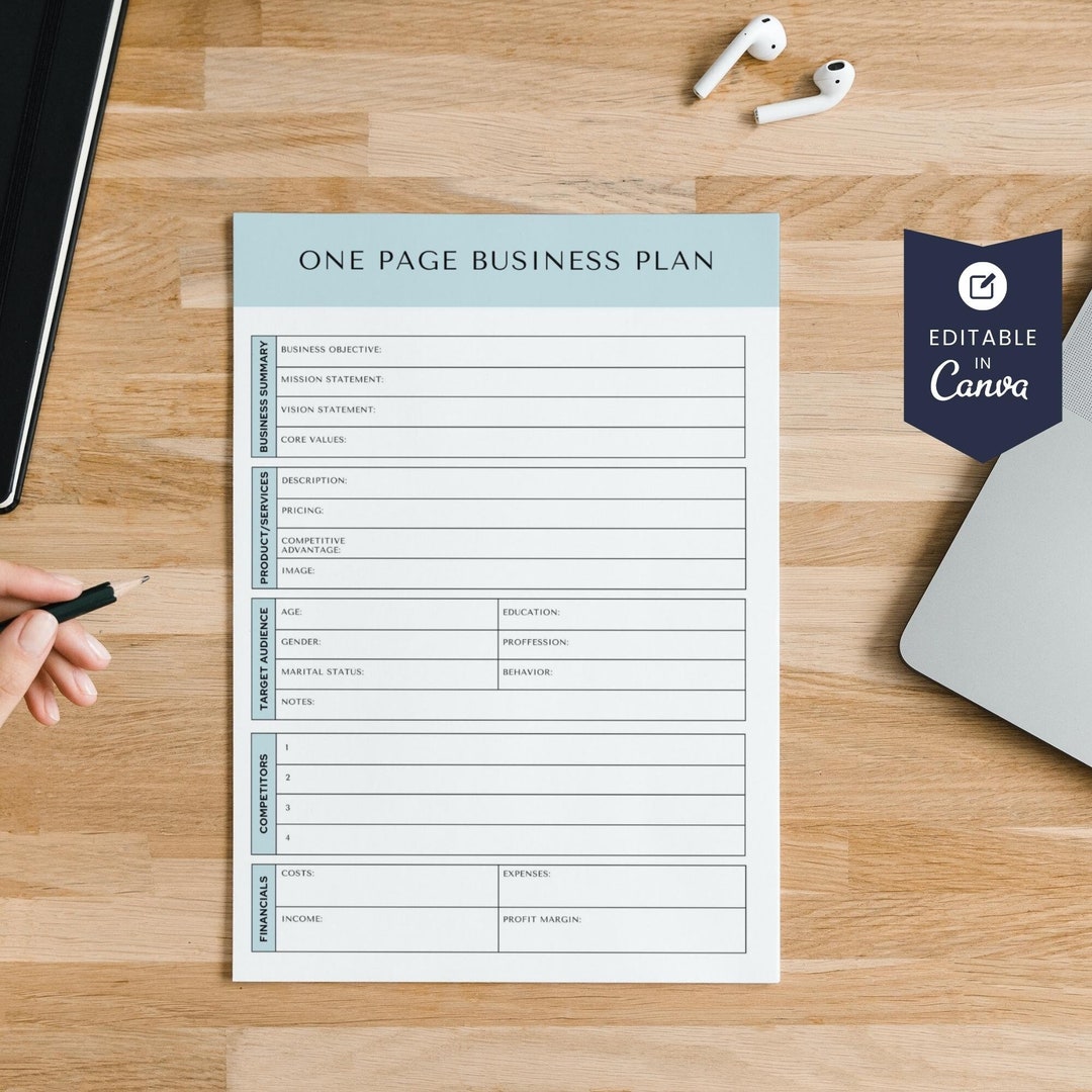 Business Plan One Page, 1 Page Small Business Template Start Up ...