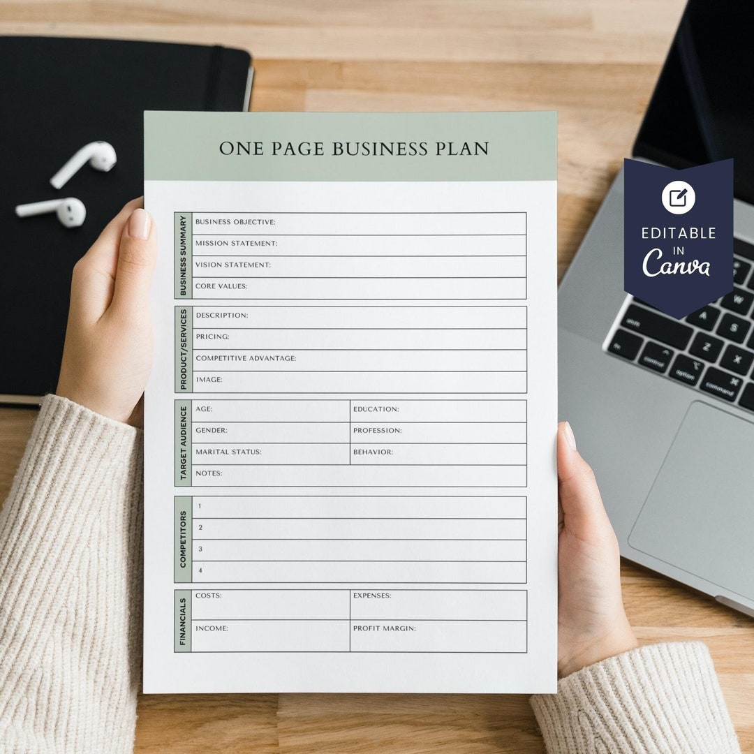Business Plan One Page, 1 Page Small Business Template Start Up ...