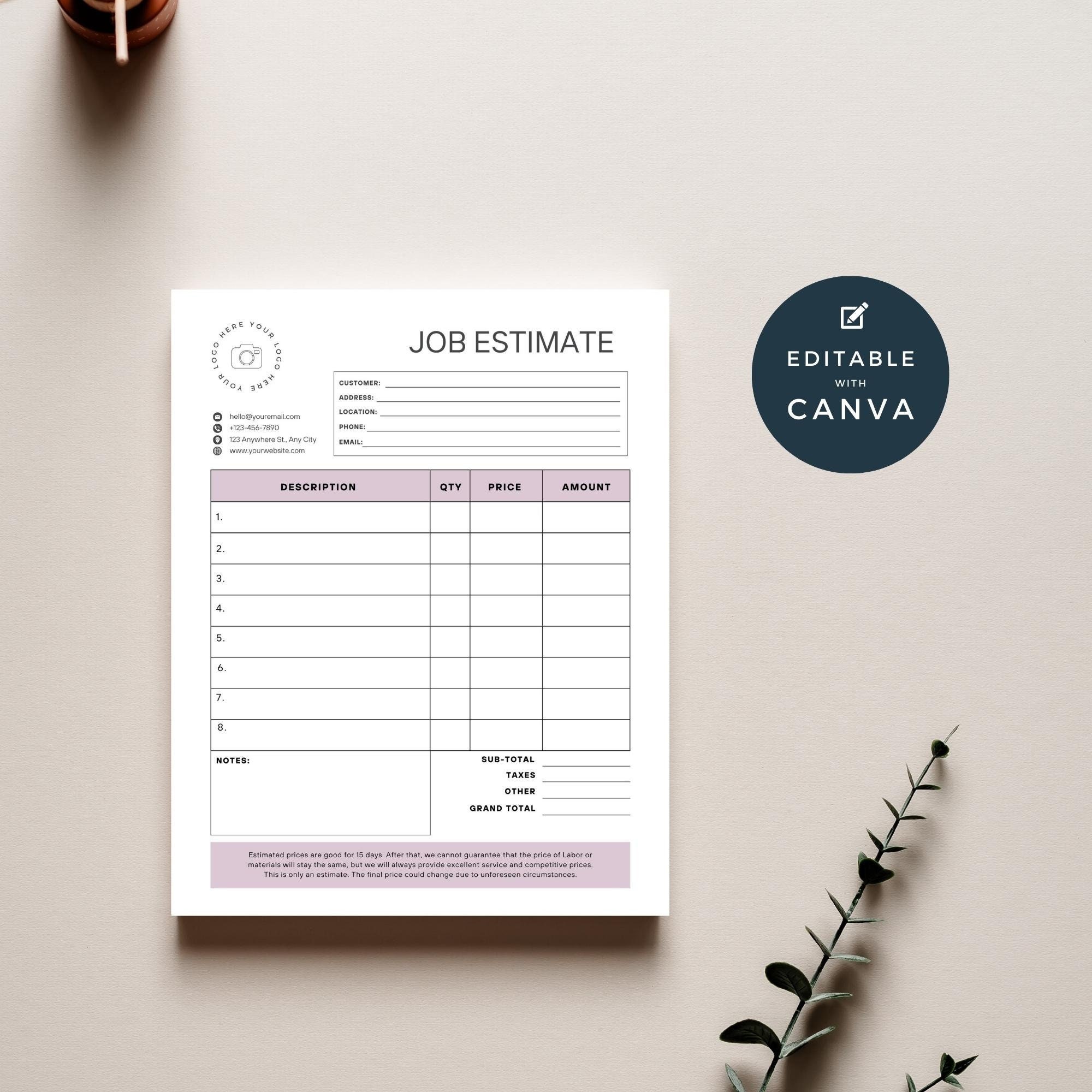 Job Estimate Template Pink Professional Simple Work Bid - Etsy
