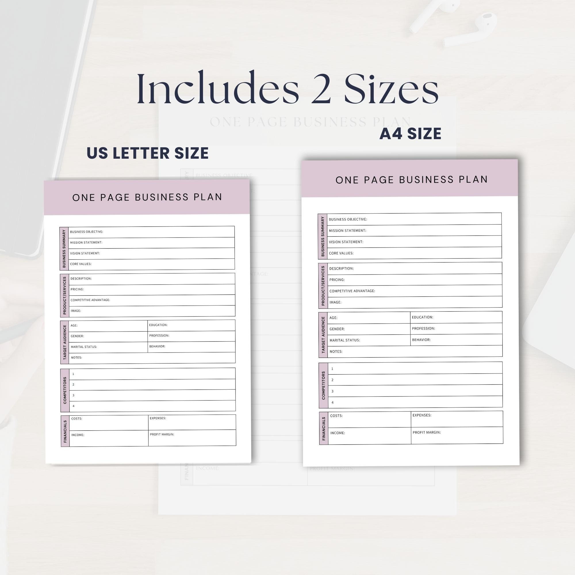 Business Plan One Page, 1 Page Small Business Template Start Up ...