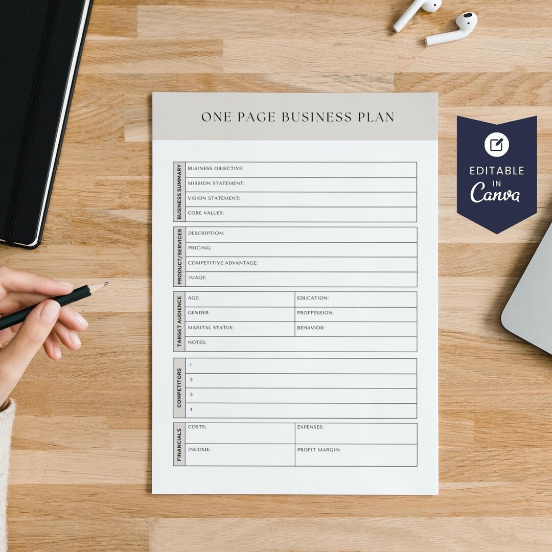 Business Plan One Page, 1 Page Small Business Template Start Up ...