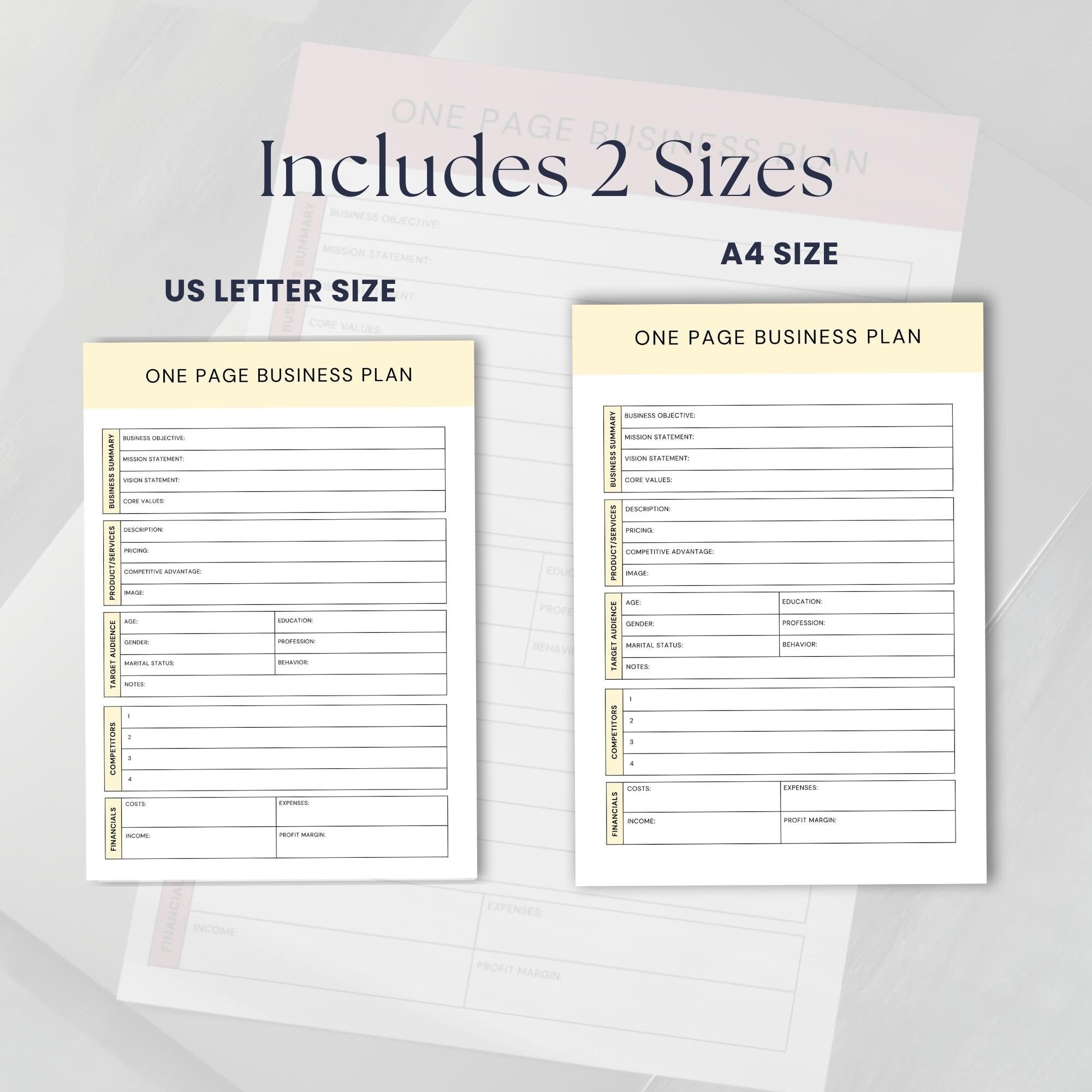 Business Plan One Page, 1 Page Small Business Template Start Up ...