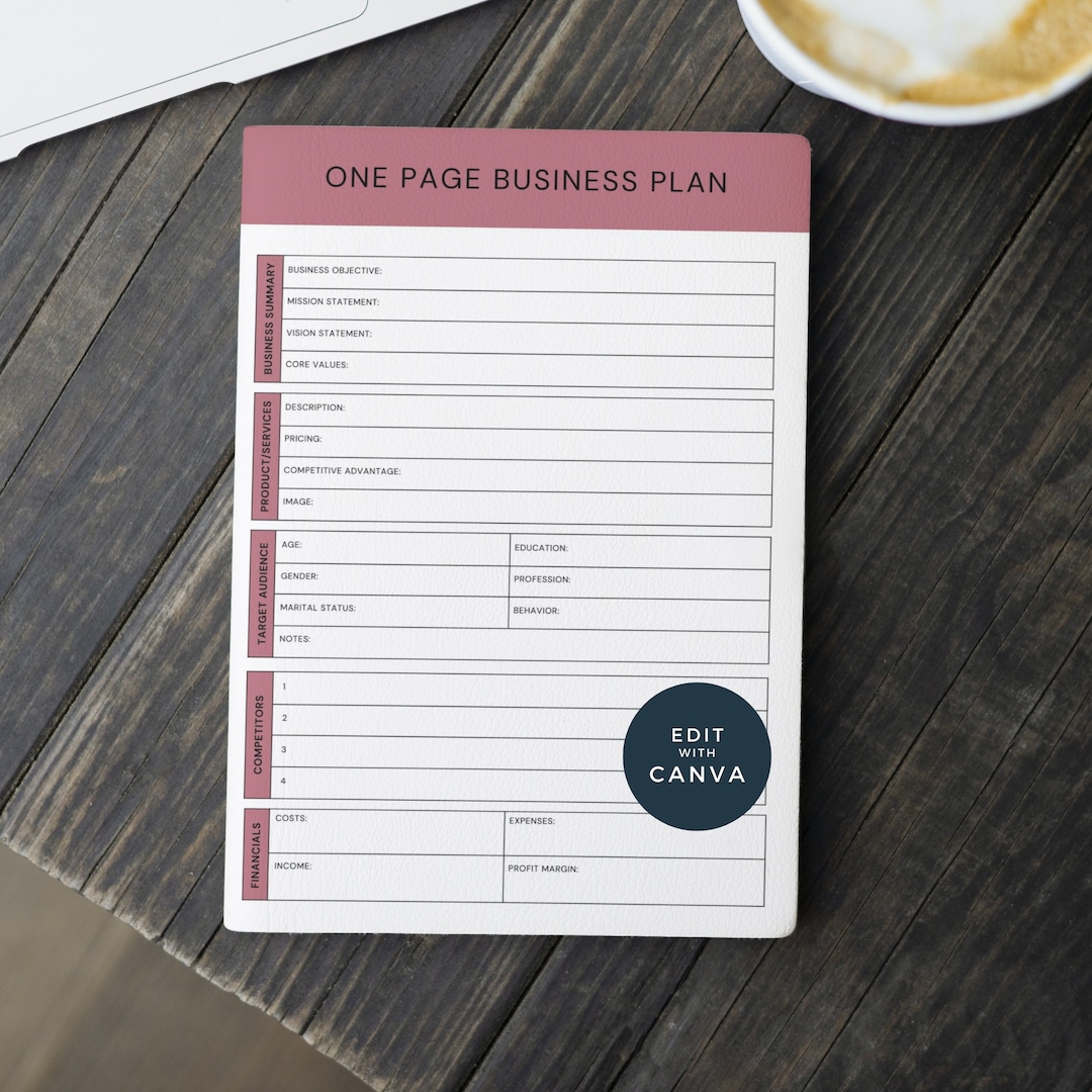 Business Plan One Page, 1 Page Small Business Template Start Up ...