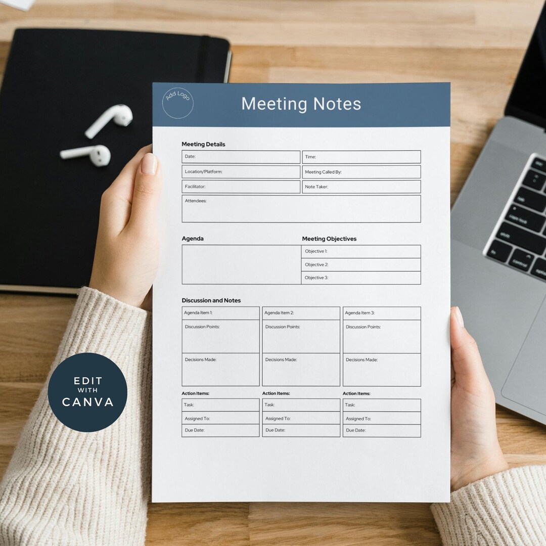 Meeting Notes Template, Editable Meeting Minutes, Printable Business ...