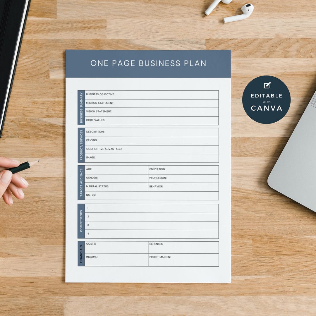 Business Plan One Page, 1 Page Small Business Template Start Up ...