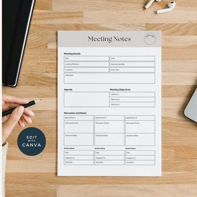 Meeting Notes Template Canva: Editable Meeting Minutes (PDF) - Etsy