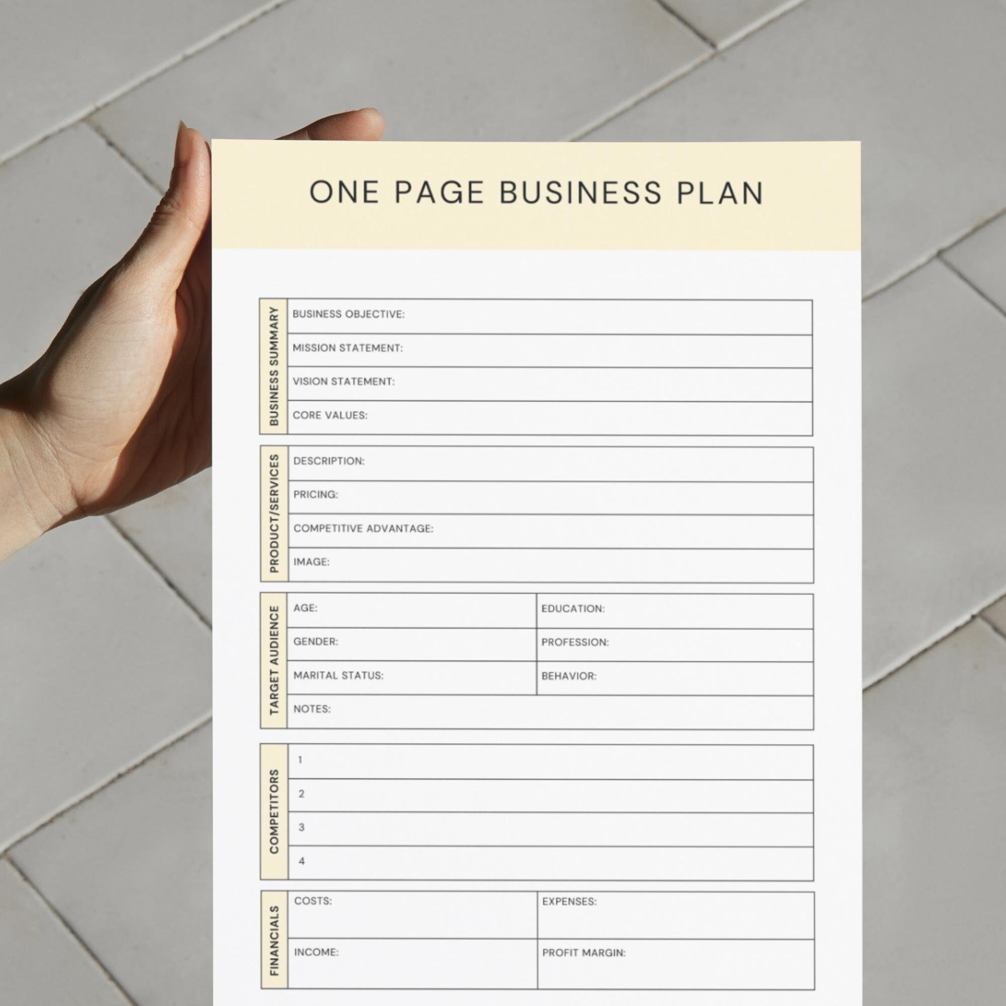 Business Plan One Page, 1 Page Small Business Template Start Up ...