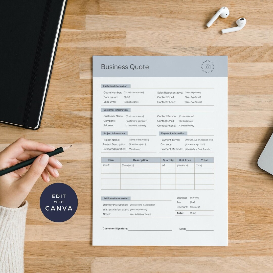 Business Quote Template | Estimate Work Form | Job Breakdown | Editable ...