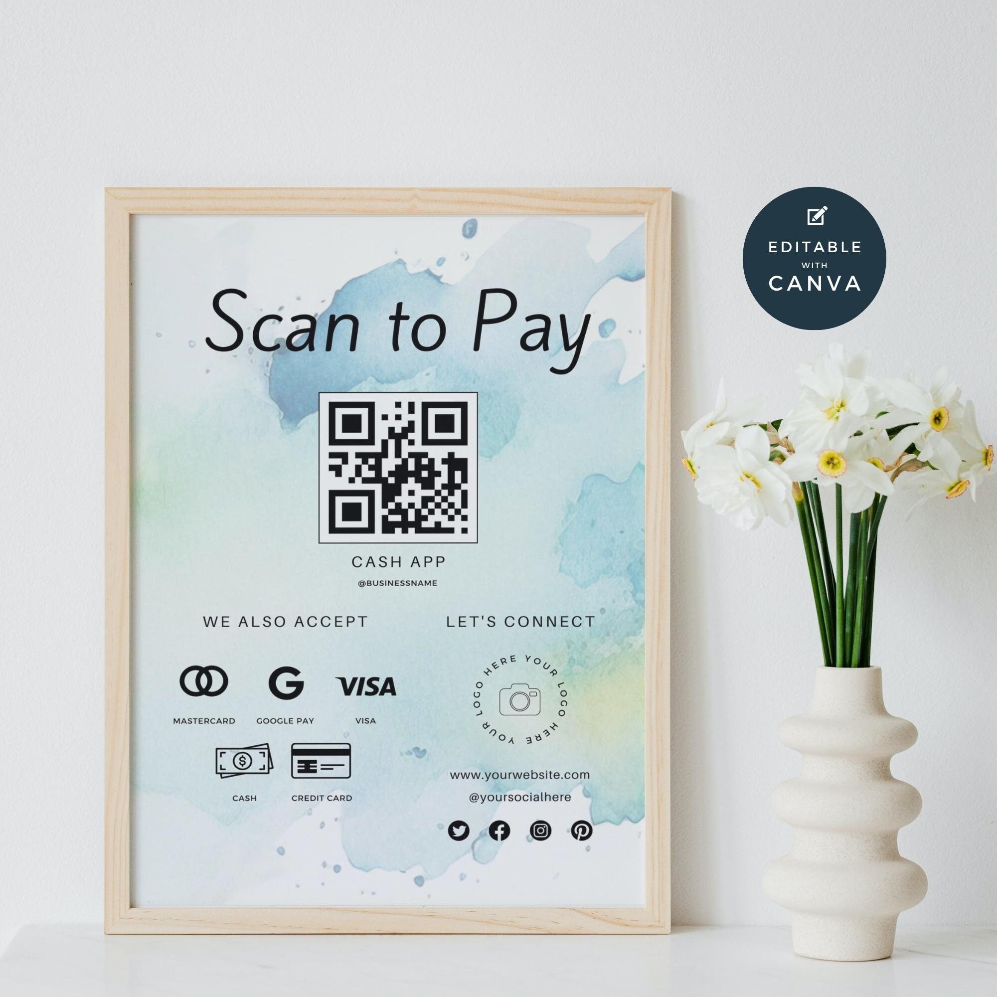 Scan to Pay Template Canva Editable QR Code Table Sign Printable Small ...