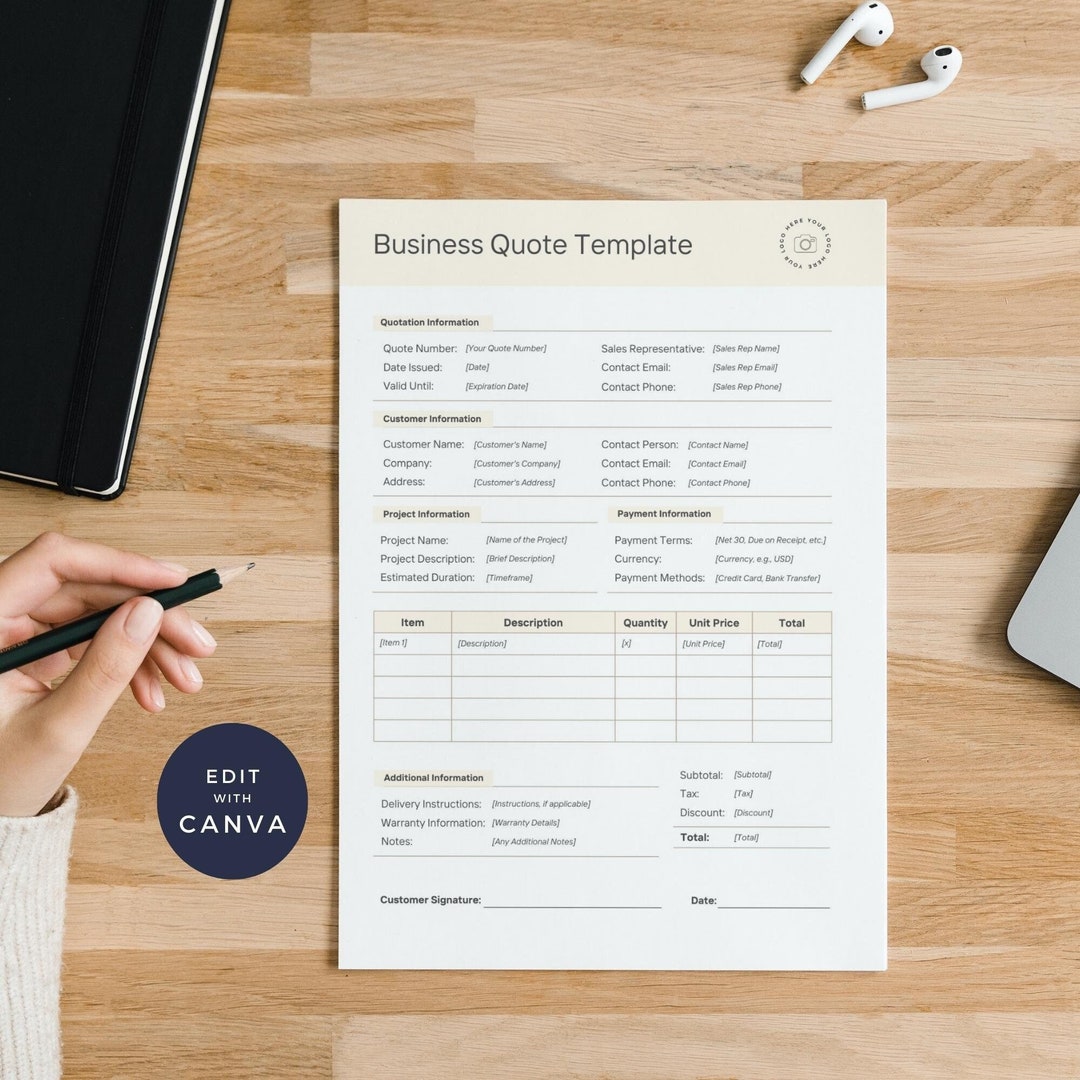 Business Quote Template | Estimate Work Form | Job Breakdown | Editable ...