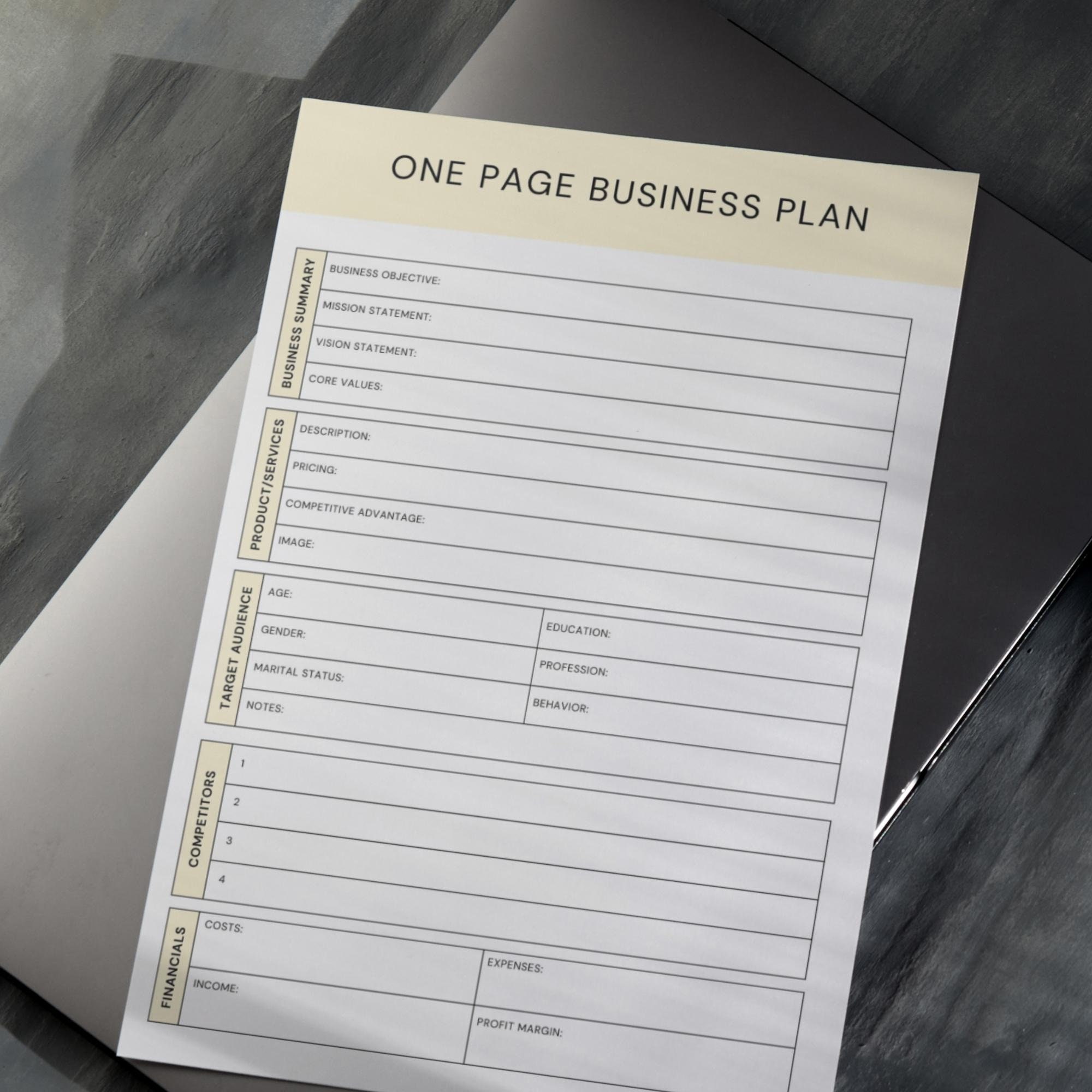 Business Plan One Page, 1 Page Small Business Template Start Up ...