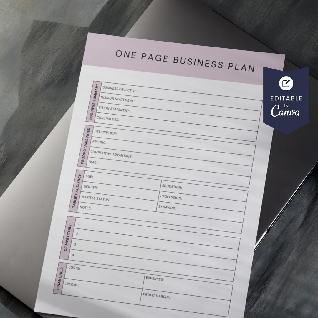 Business Plan One Page, 1 Page Small Business Template Start Up ...