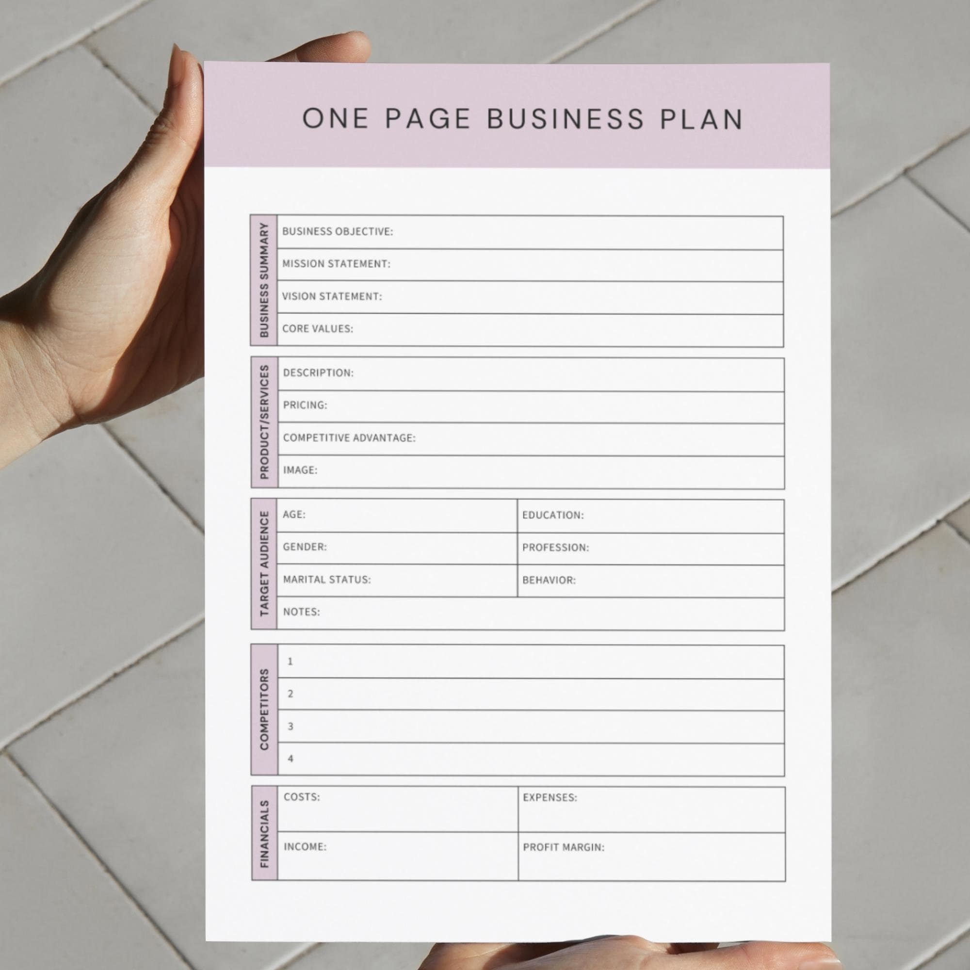 Business Plan One Page, 1 Page Small Business Template Start Up ...