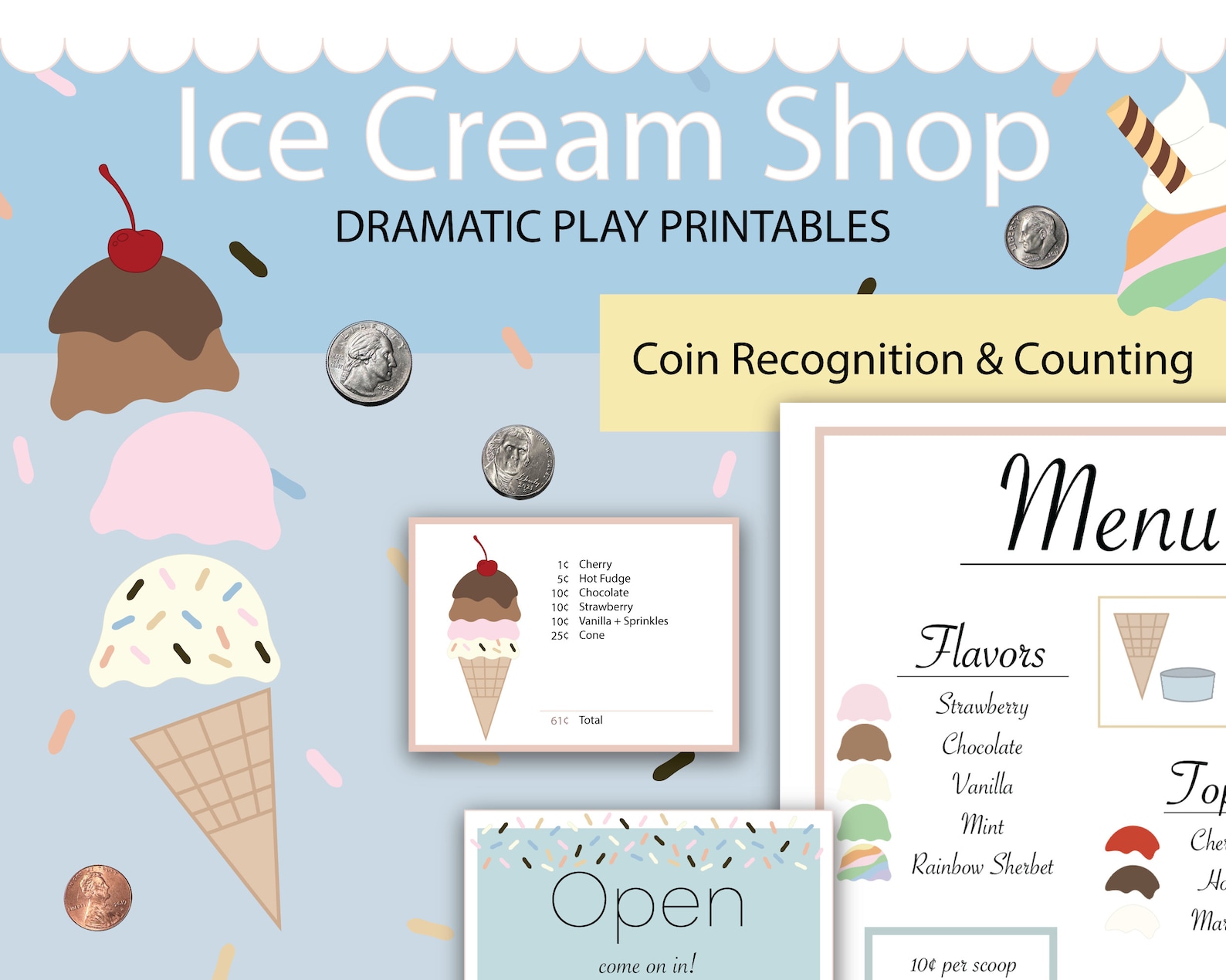 Ice Cream Shop Printable: Dramatic Play & Counting Coins (digital ...