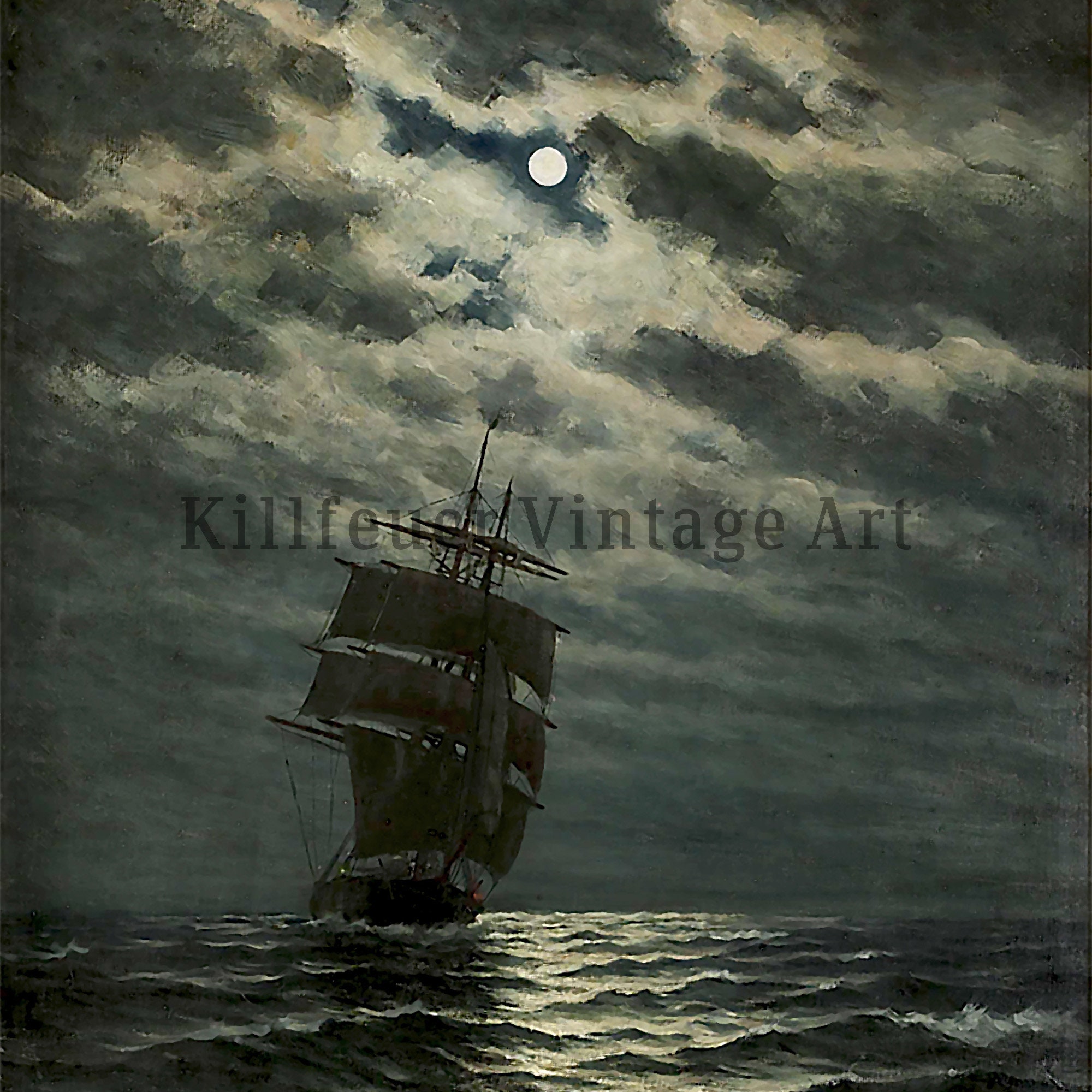 Moonlit Ship Art Print - Dark Aesthetic Digital Download, Nautical ...