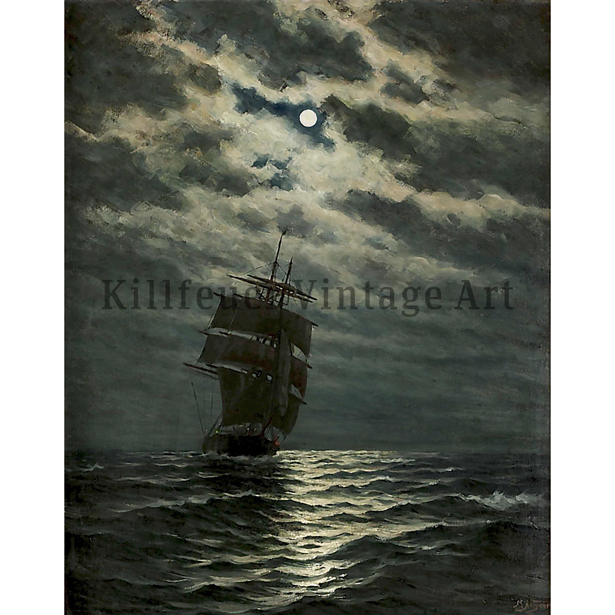 Moonlit Ship Art Print - Dark Aesthetic Digital Download, Nautical ...