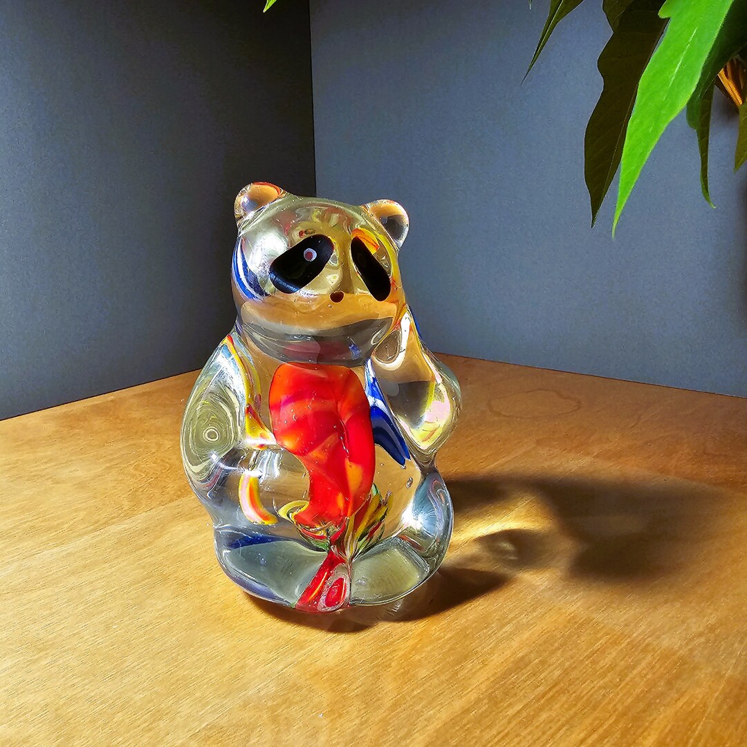 Hand Blown Art Glass Panda Figurine With Multicolor Flower Inside ...