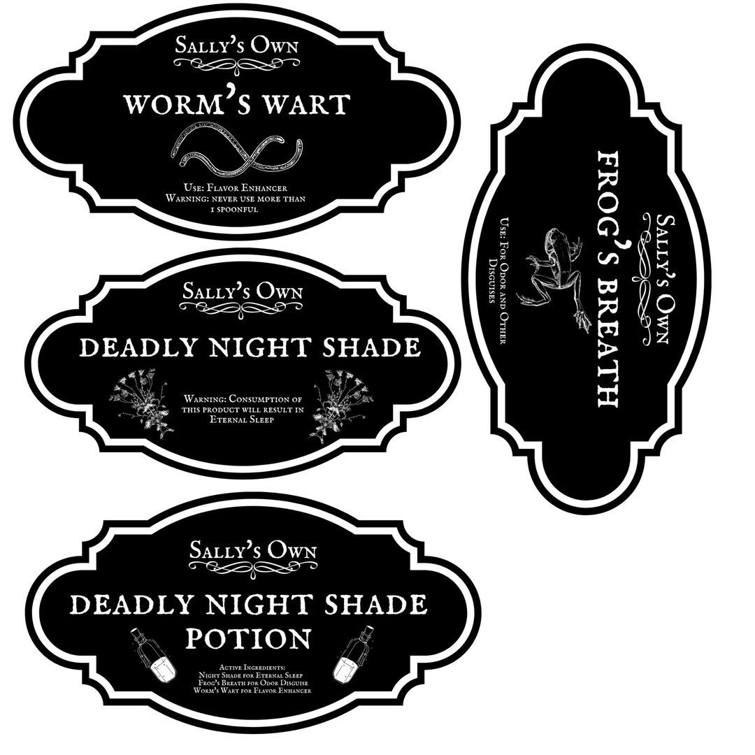 Sally's Potions Labels - Black | Bottles | Deadly Night Shade ...