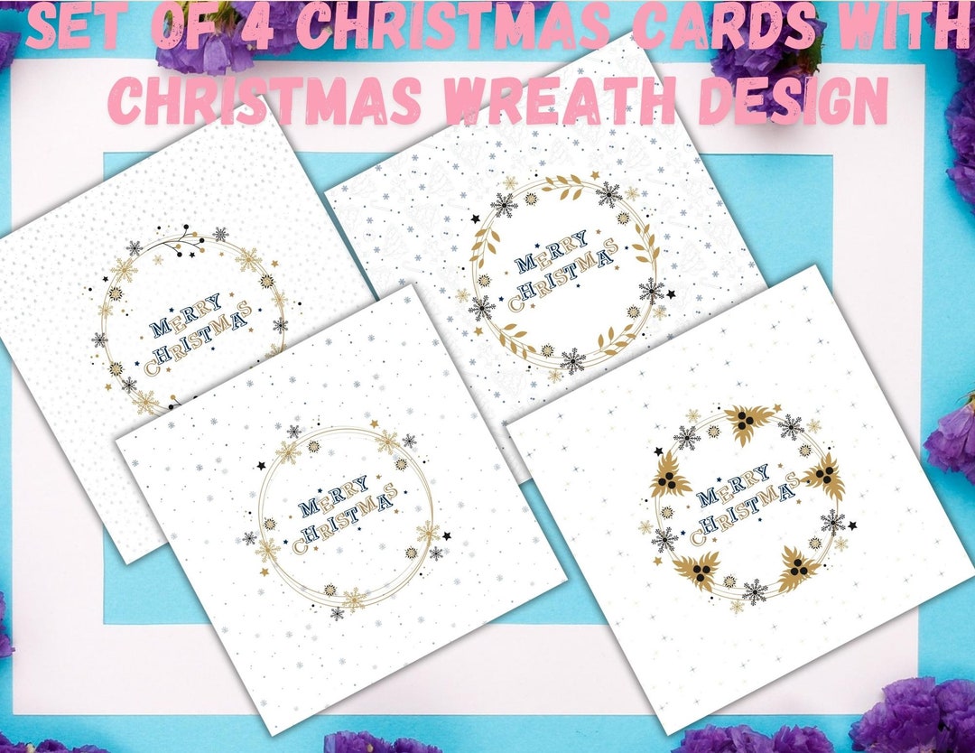 Printable Christmas Cards Bundle With Christmas Wreath Design, 4x4 Inch ...