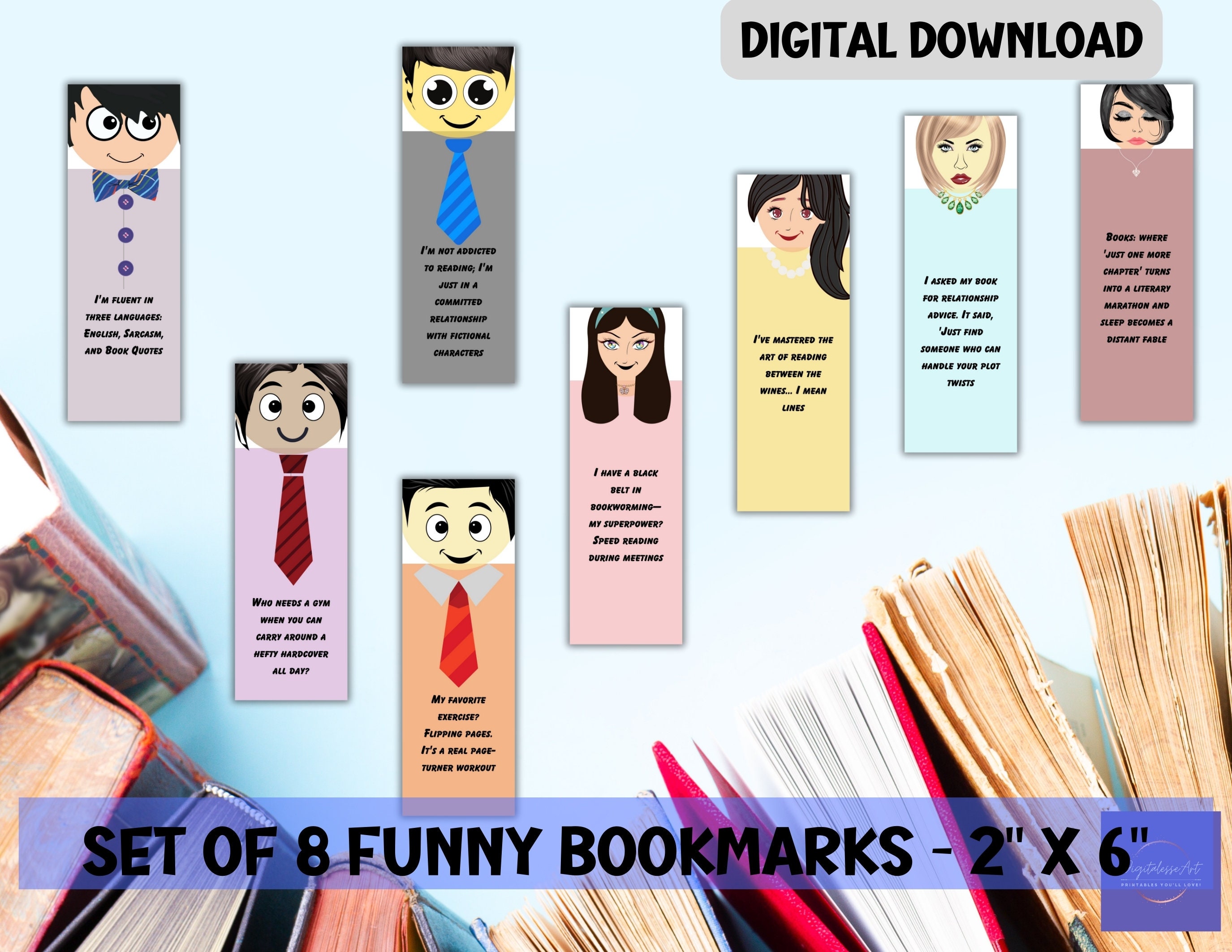 Printable Funny Bookmarks, Set of 8 Unique Designs for Bookish Gift or ...