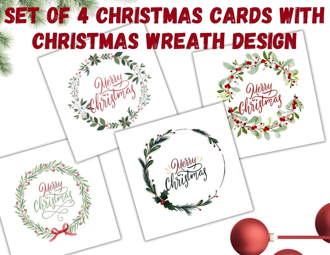Printable Christmas Card Bundle With Christmas Floral Wreath Design ...