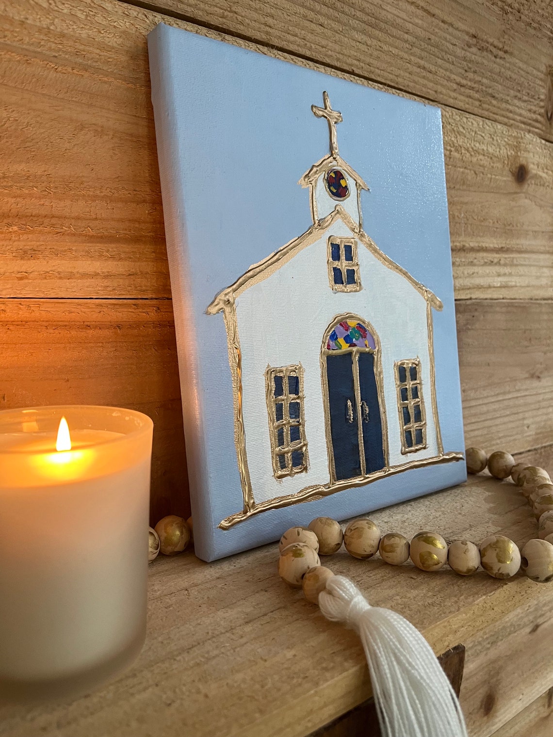 Primitive Church Painting Textured Gold Leaf Accents Religious Gift ...