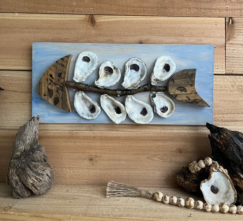 Oyster Shell Fish Bone Mount Unique Sculpture, Reclaimed, Wood, Coastal ...