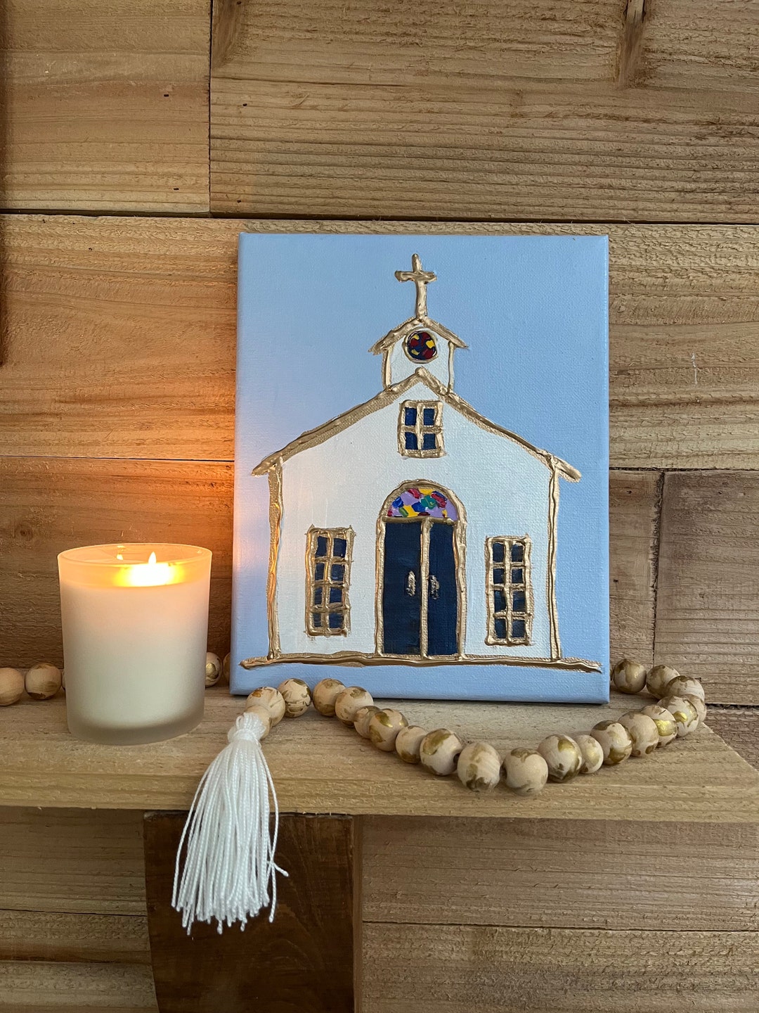 Primitive Church Painting Textured Gold Leaf Accents Religious Gift ...