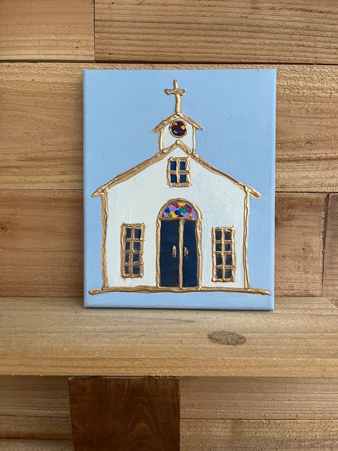 Primitive Church Painting Textured Gold Leaf Accents Religious Gift ...