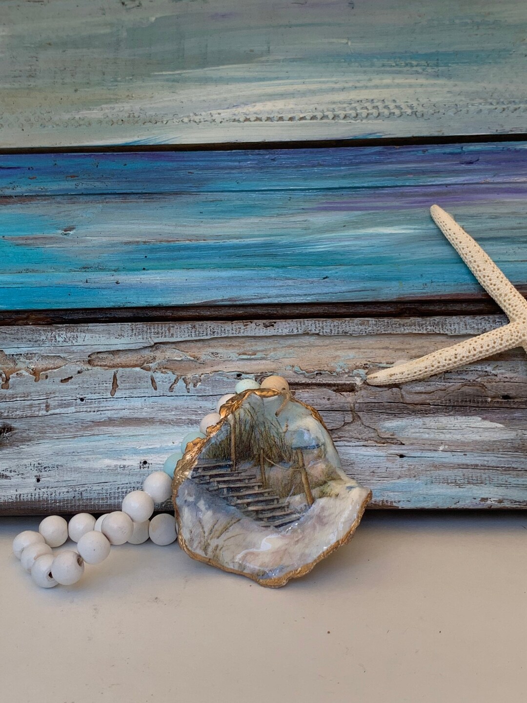 Petite Farmhouse Blessing Beads With Gilded Gold Leaf Oyster Shell Decoupaged With Beachy Scene ...