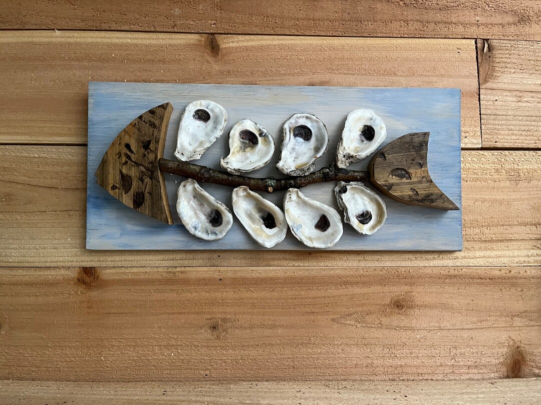 Oyster Shell Fish Bone Mount Unique Sculpture, Reclaimed, Wood, Coastal ...