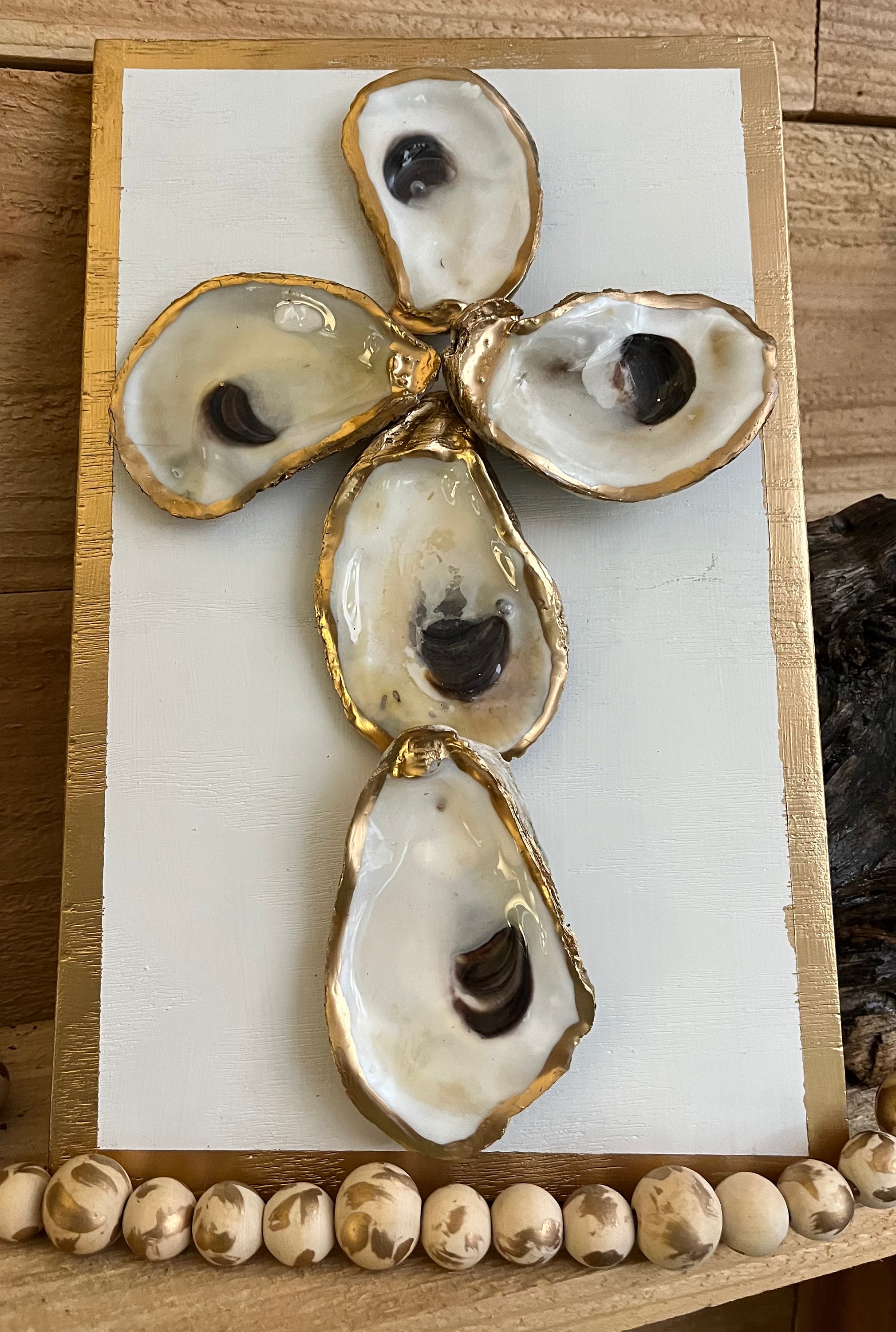 Gold Gilded Oyster Shell Cross Easter Gift on Wooden Board Coastal ...