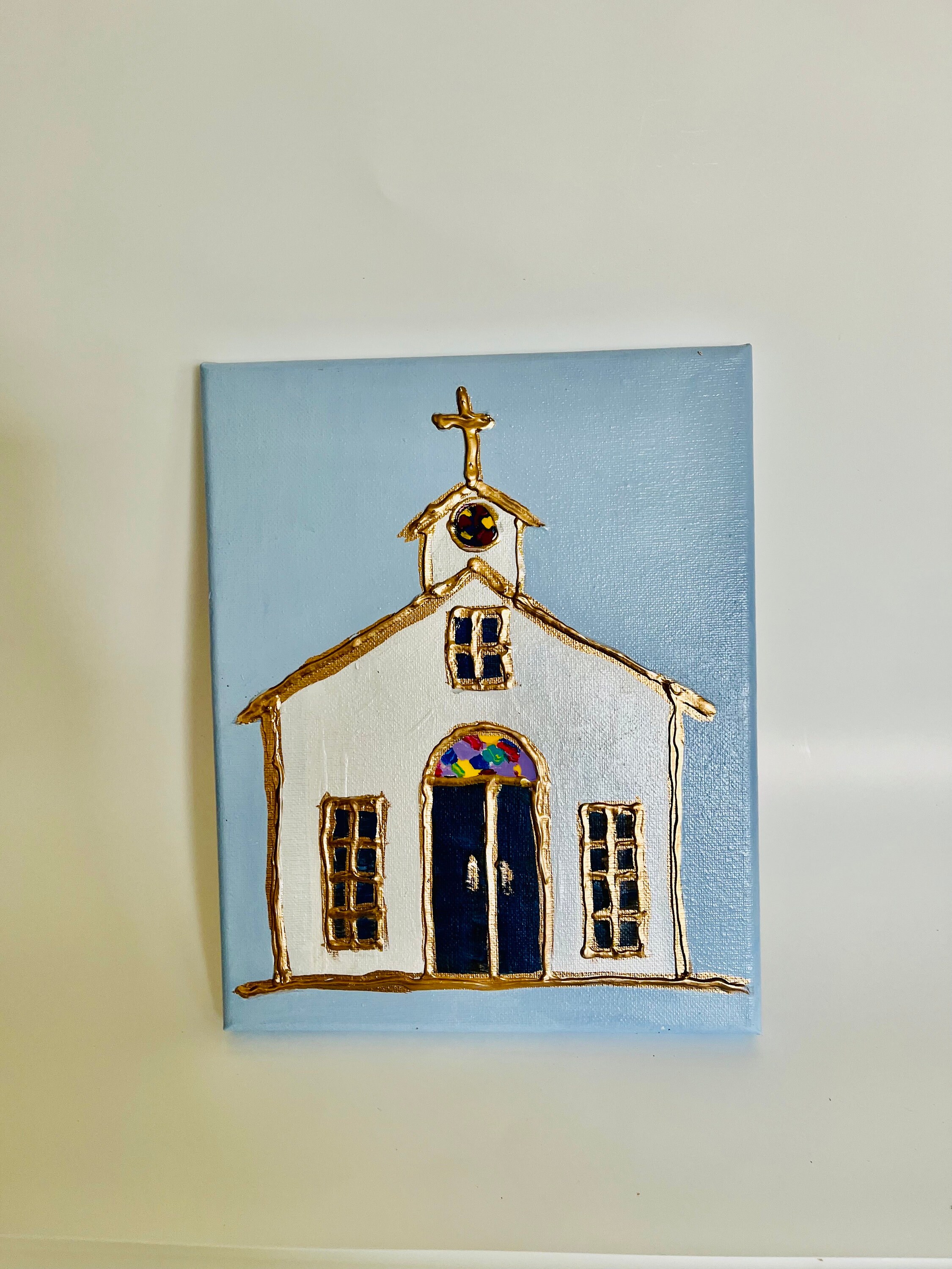 Primitive Church Painting Textured Gold Leaf Accents Religious Gift ...