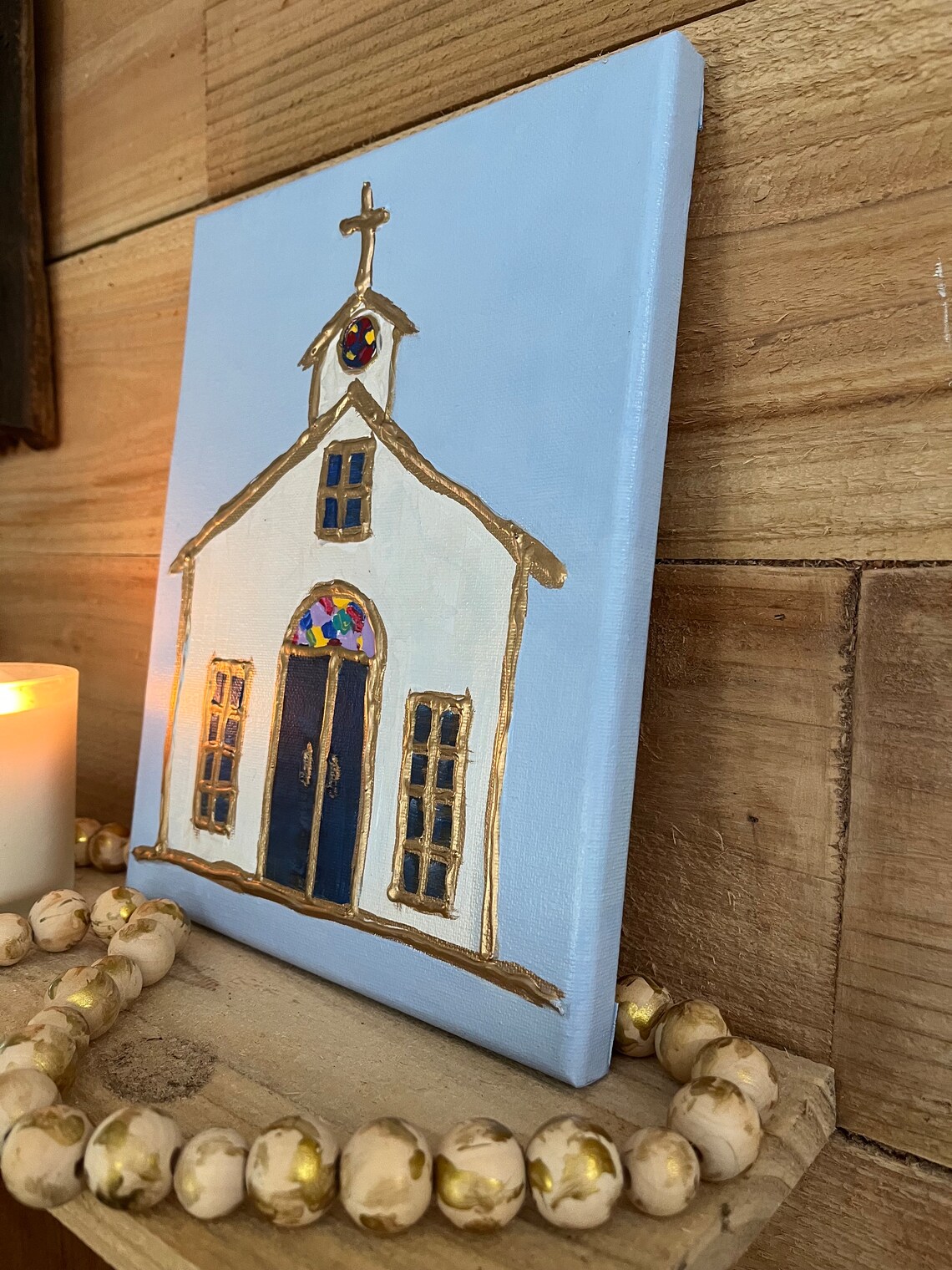 Primitive Church Painting Textured Gold Leaf Accents Religious Gift ...