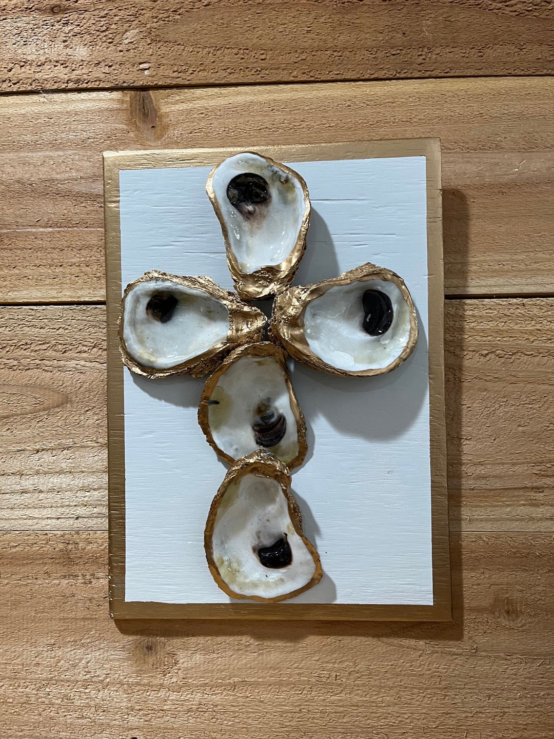 Gold Gilded Oyster Shell Cross Easter Gift on Wooden Board Coastal ...