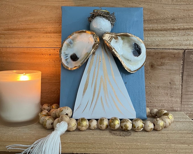 Wooden Angel Oyster Shell Wings Stretched Canvas Christian Home Decor ...
