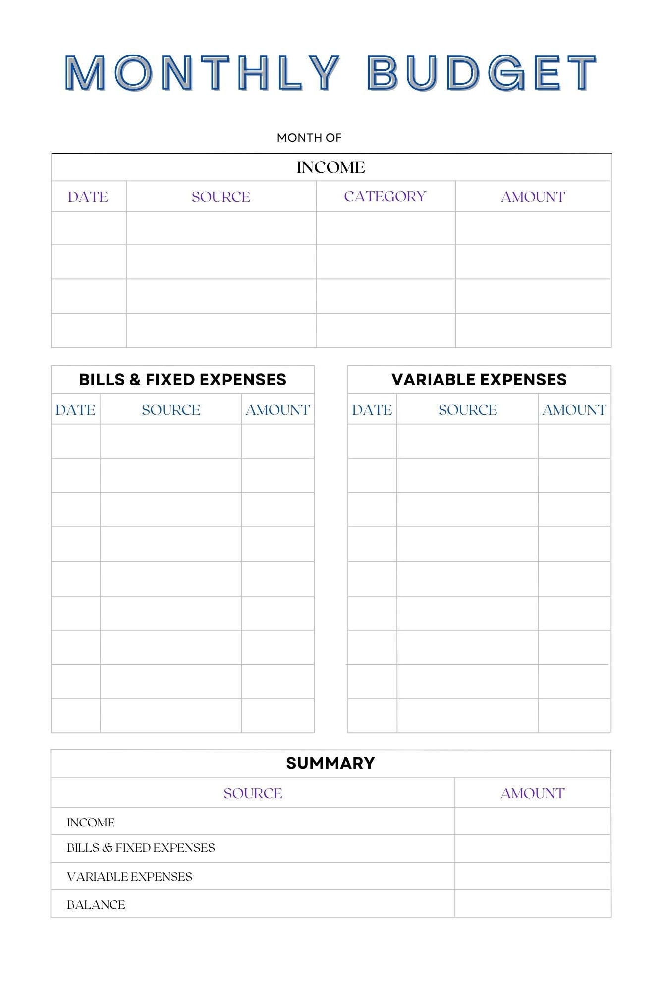 Monthly Budget Planner, Easy and Simple, Printable Planner ...
