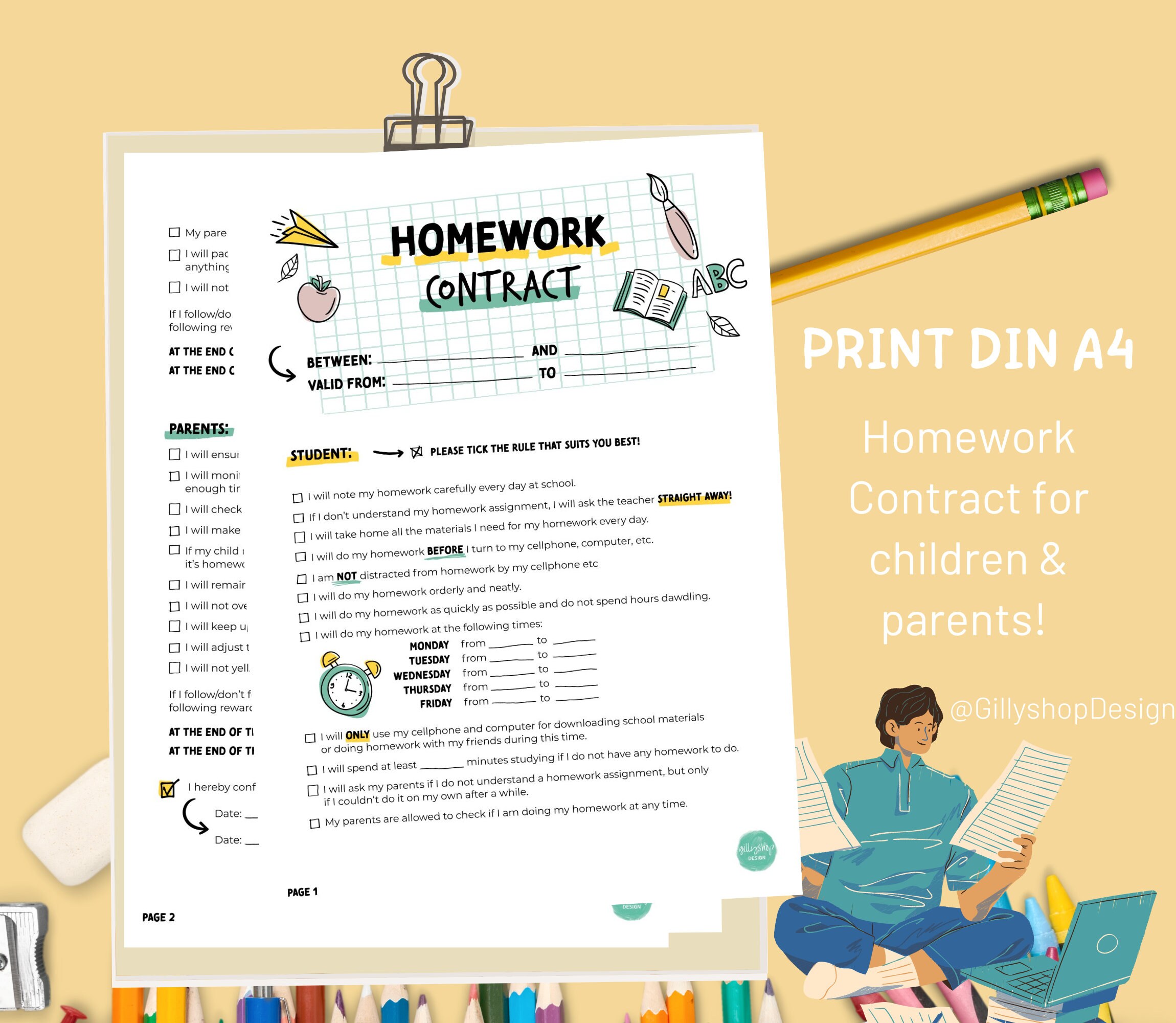 Digital Homework Contract for Children, Parents, Pupils | Printable ...