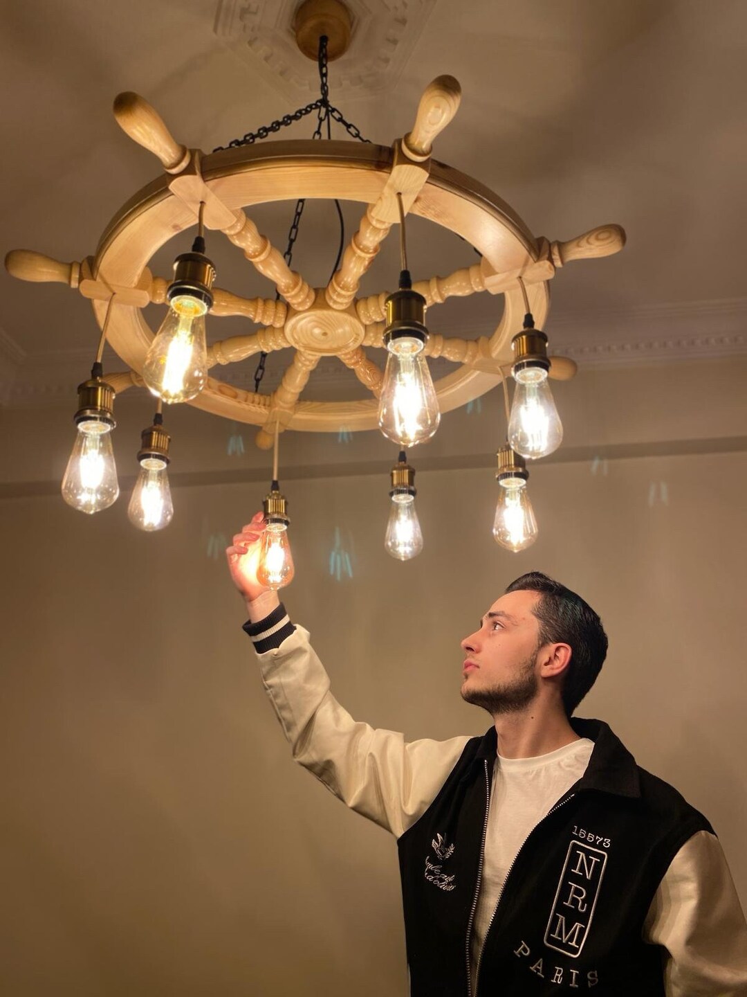 Ship Wheel Chandeiler,rustic Farmhouse Light Fixture,wood Pendant Light ...