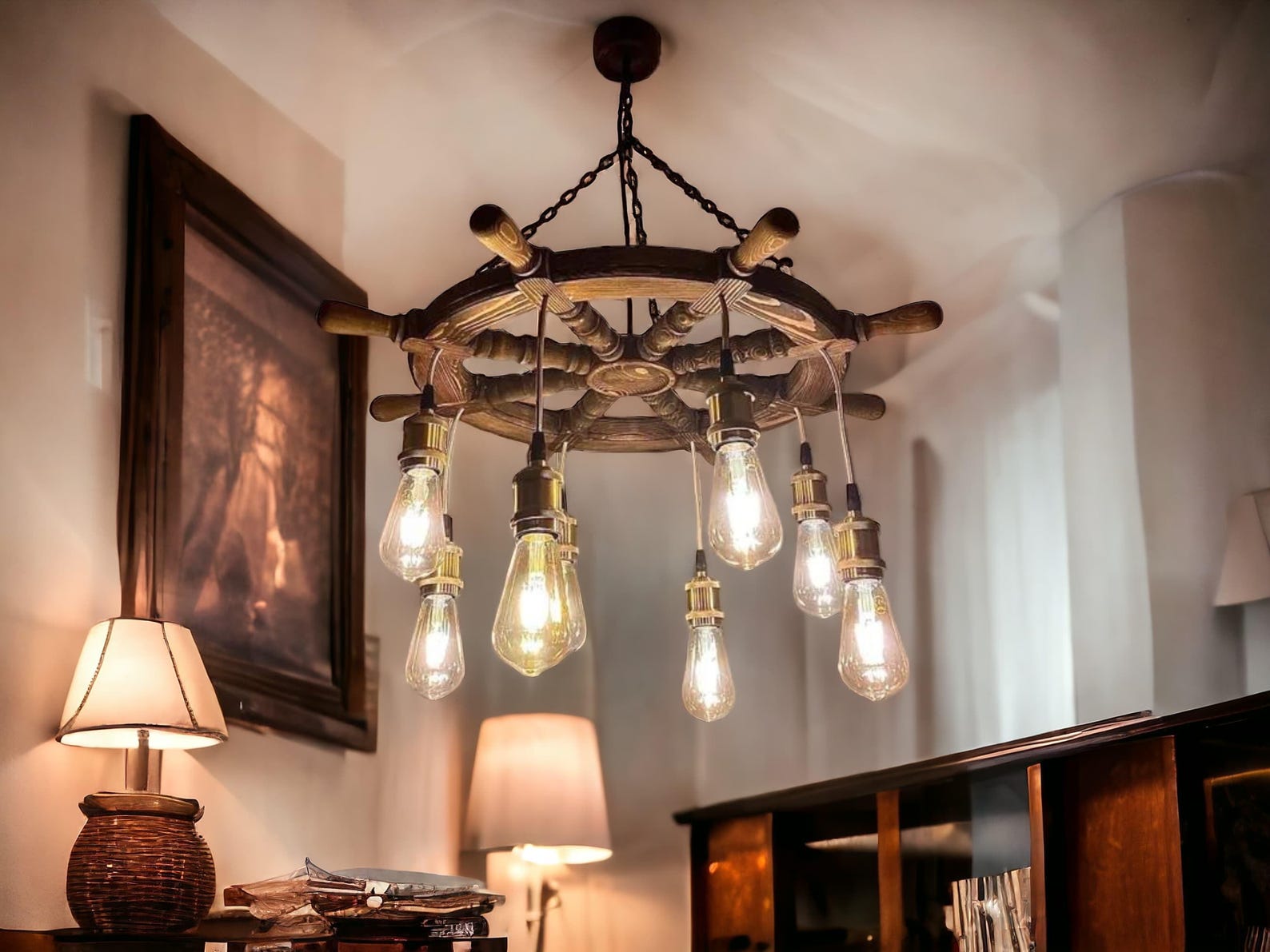 Ship Wheel Chandeiler,rustic Farmhouse Light Fixture,wood Pendant Light ...
