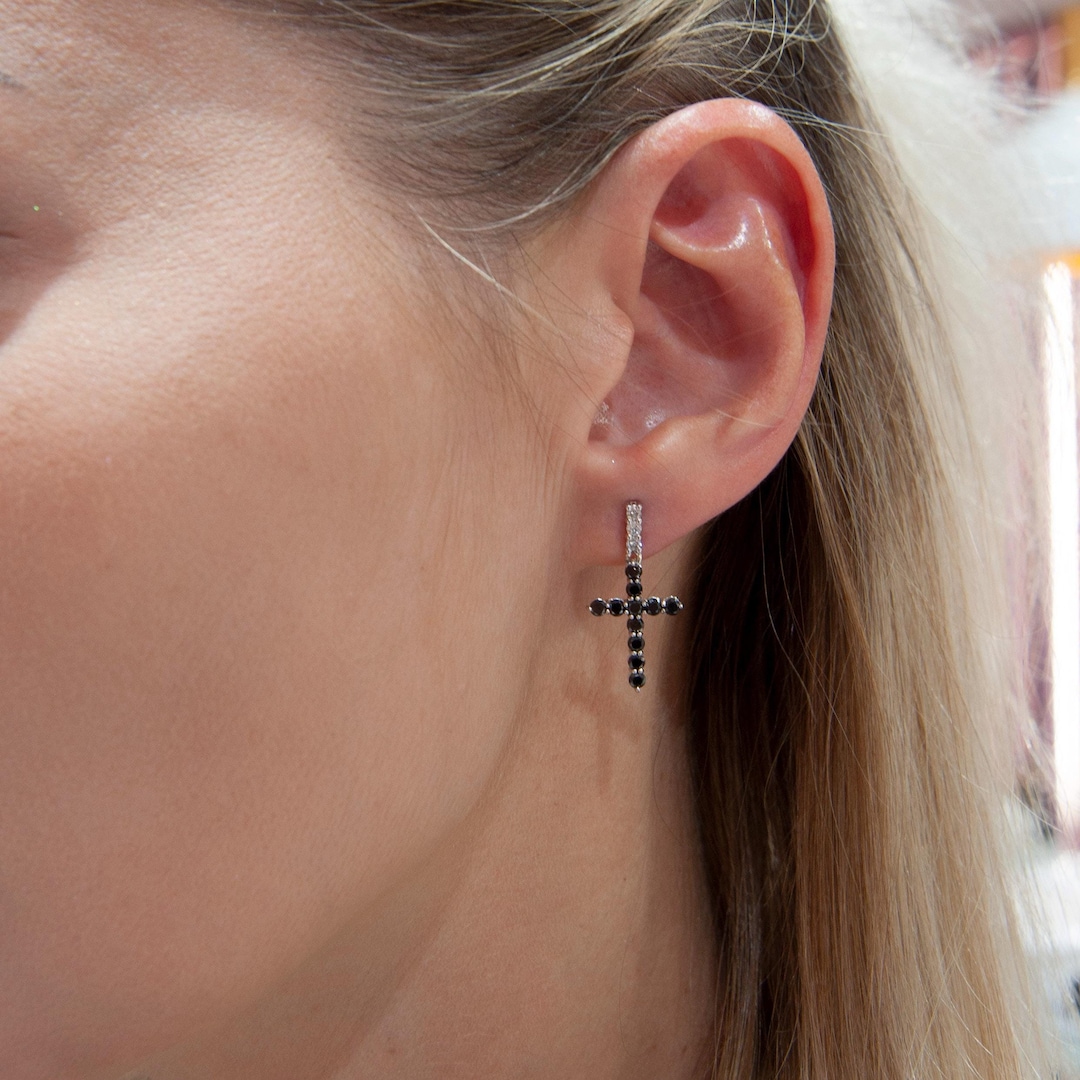 14K Gold Black Diamond Cross Drop Earrings, Cross Diamond Earrings, Statement Dangle Earrings ...