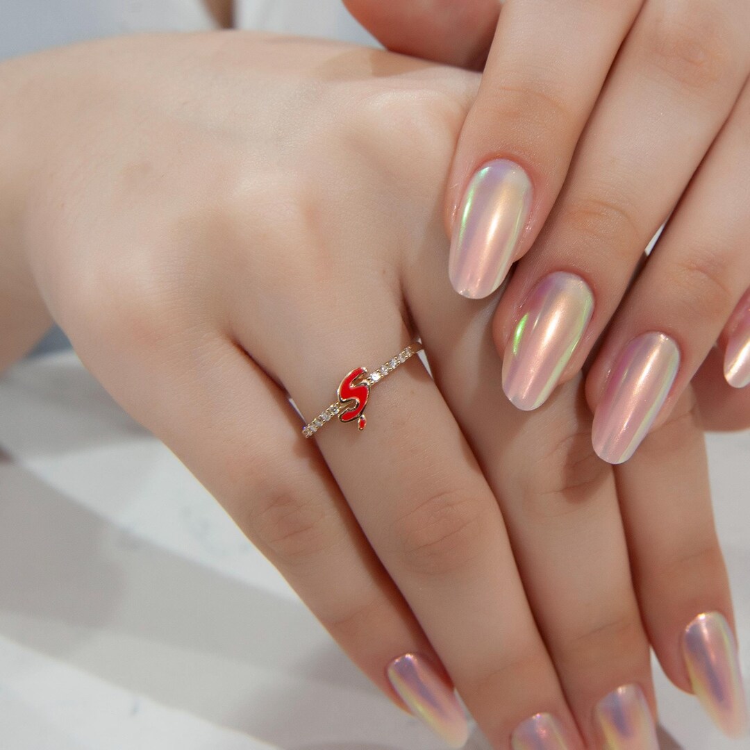 Red Enamel Initial Ring, 14K Gold Letter S Ring With Diamonds ...