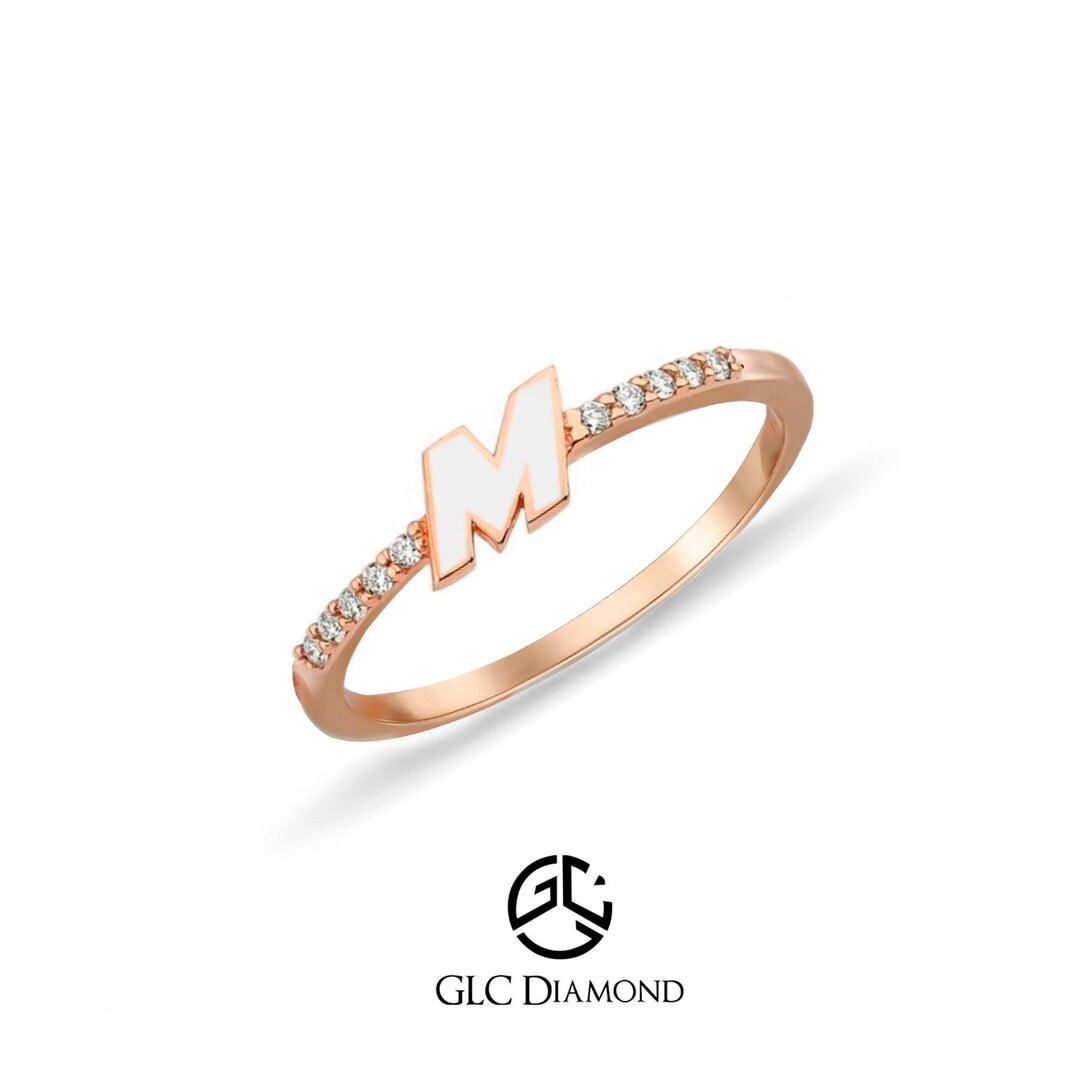 Dainty 14K Gold Initial Ring With Diamonds, Letter M Ring, Minimalist ...