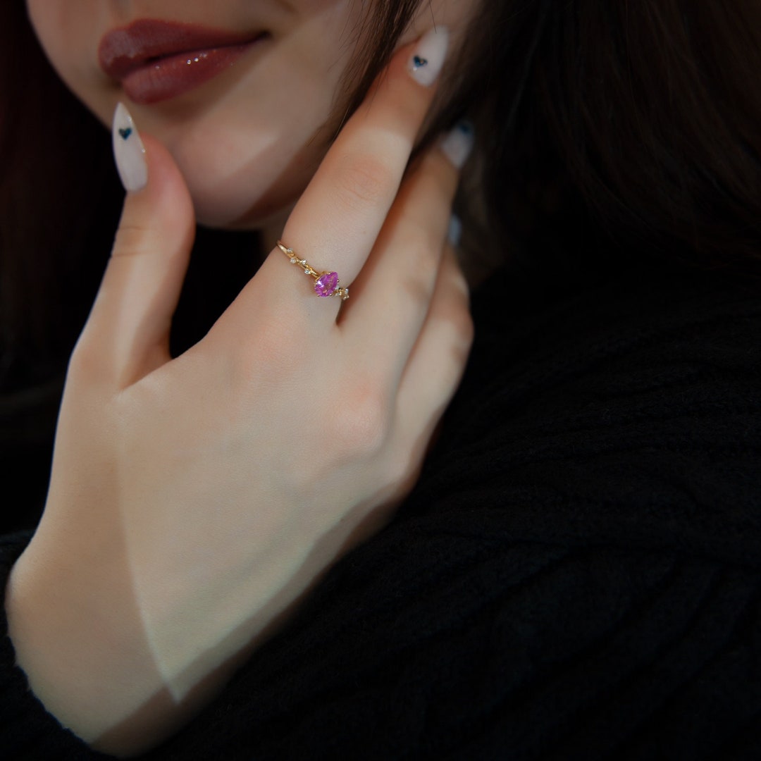 Pink Color Diamond Pear Cut Engagement Ring, Diamond Pink Ring, 14K ...