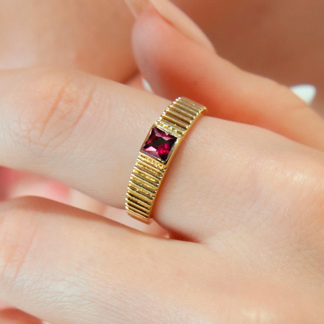 14K Gold Square Ruby Ring, Bold Ribbed Gold Band With Red Ruby Gemstone ...