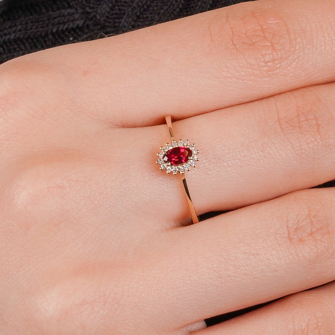14K Gold Diamond Oval Cut Ruby Solitaire Ring, Gemstone Ring, Ruby ...